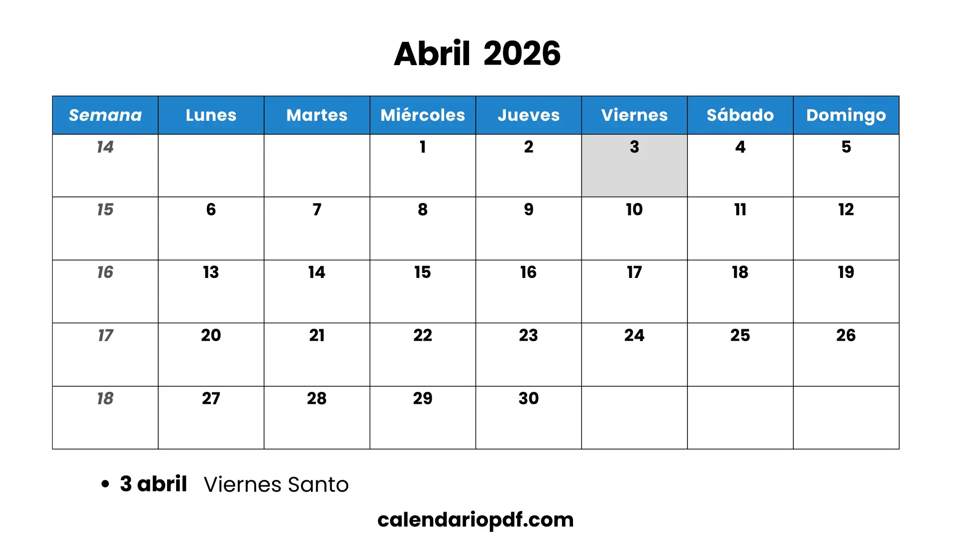 Calendario Abril 2026 para Imprimir PDF con Festivos