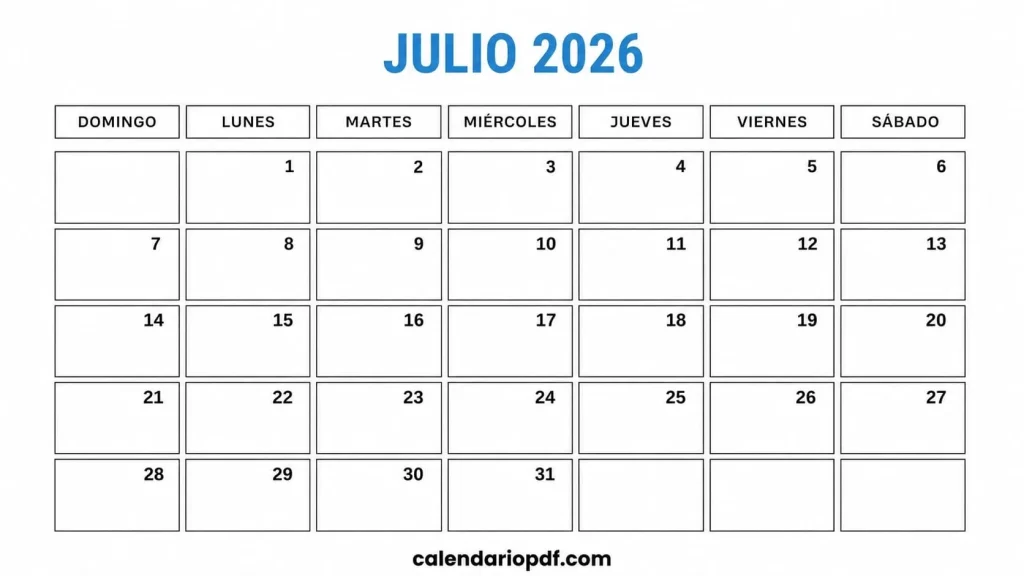 Calendario Julio 2026 España con Festivos